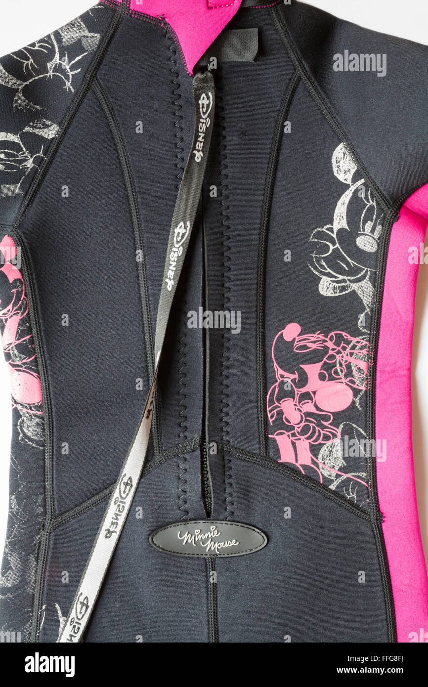 Detail on back of Minnie Mouse Disney kids black and pink wetsuit Stock ...