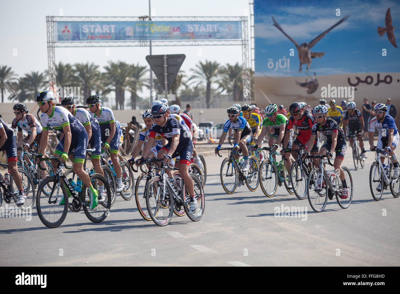 Tour of Qatar 2014. Cycle race in the desert. Middle Eastern bicycle ...