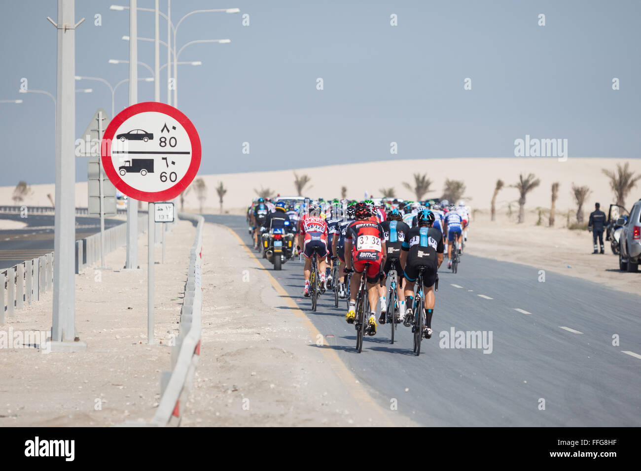 Tour of Qatar 2014. Cycle race in the desert. Middle Eastern bicycle ...