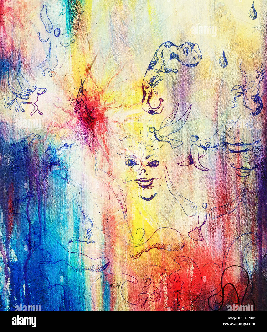 pen drawing on old paper. And color spots on background. Sketch ...