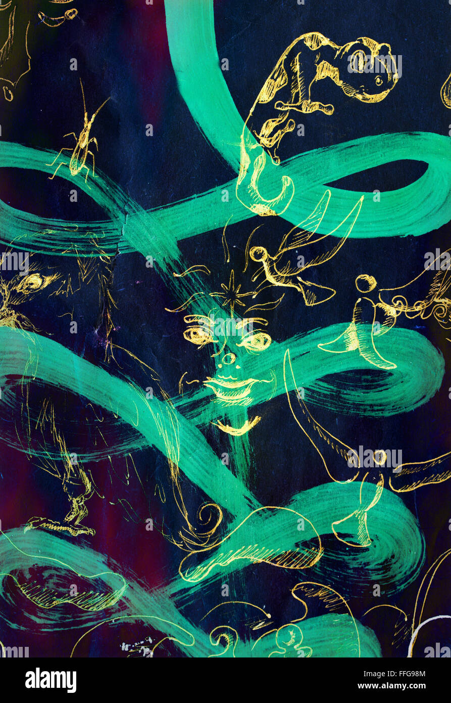 pen drawing on old paper. And color spots on background. Sketch ...