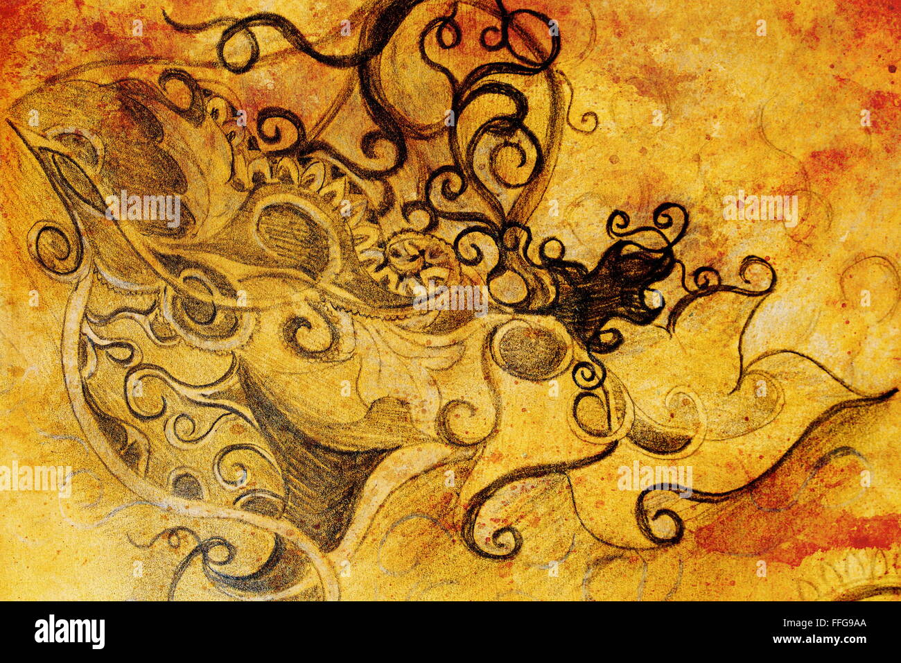 Beautiful Ornament, pencil drawing on old paper. And color spots on ...