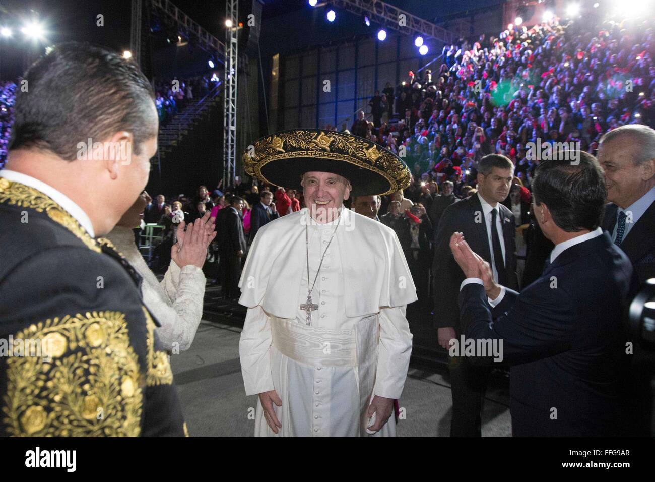 Mexico City, Mexico. 12th Feb, 2016. Pope Francis wears a sombrero ...