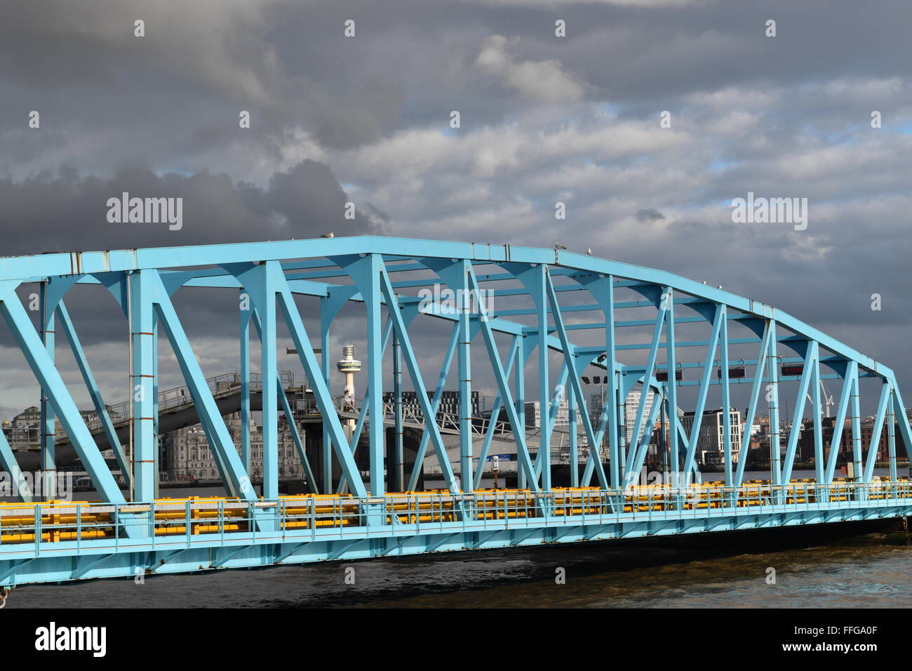Landing stage bridge with St. John's Beacon, Liverpool, in the distance ...