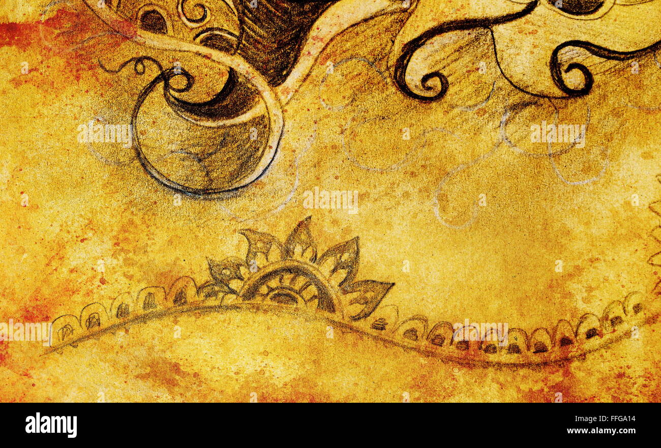 Beautiful Ornament, pencil drawing on old paper. And color spots on ...