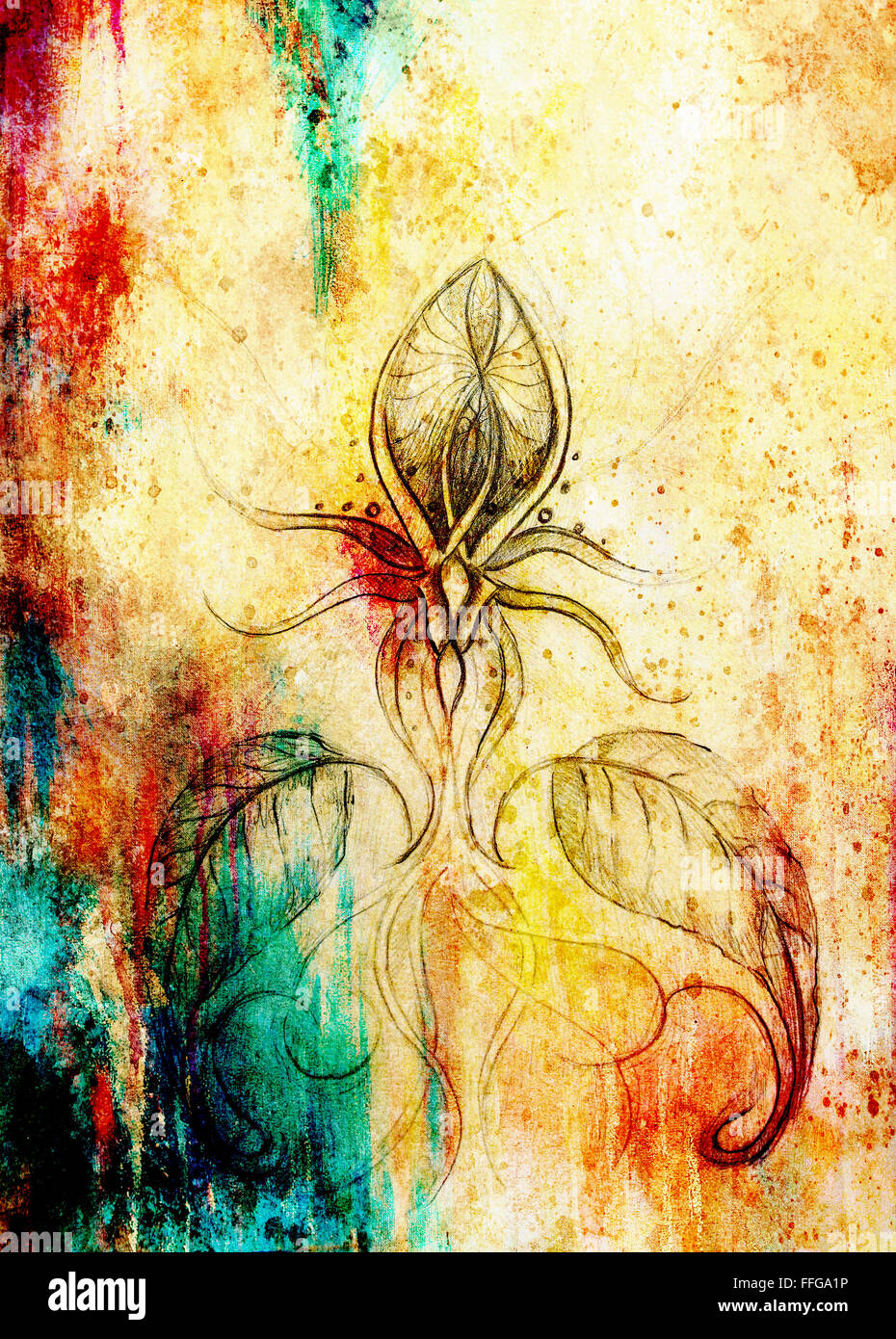 pencil drawing on old paper. Ornamental flower. And color spots on ...