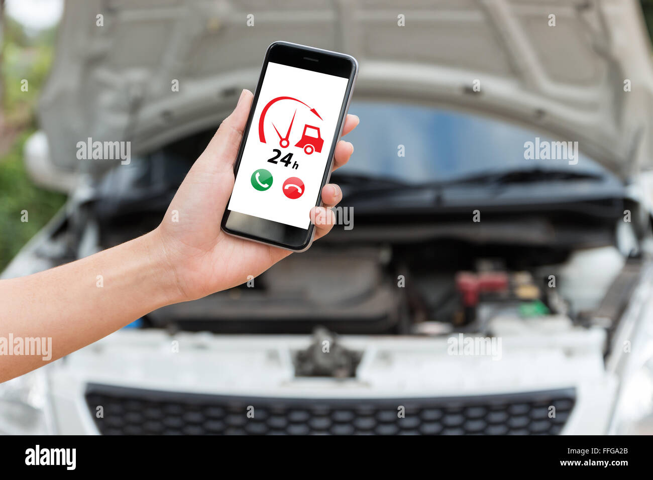 hand holding phone call emergency car service application Stock Photo ...