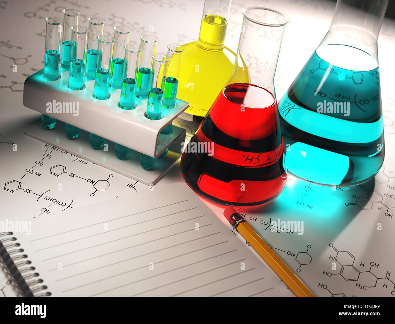 Science chemistry concept. Laboratory test tubes and flasks with ...