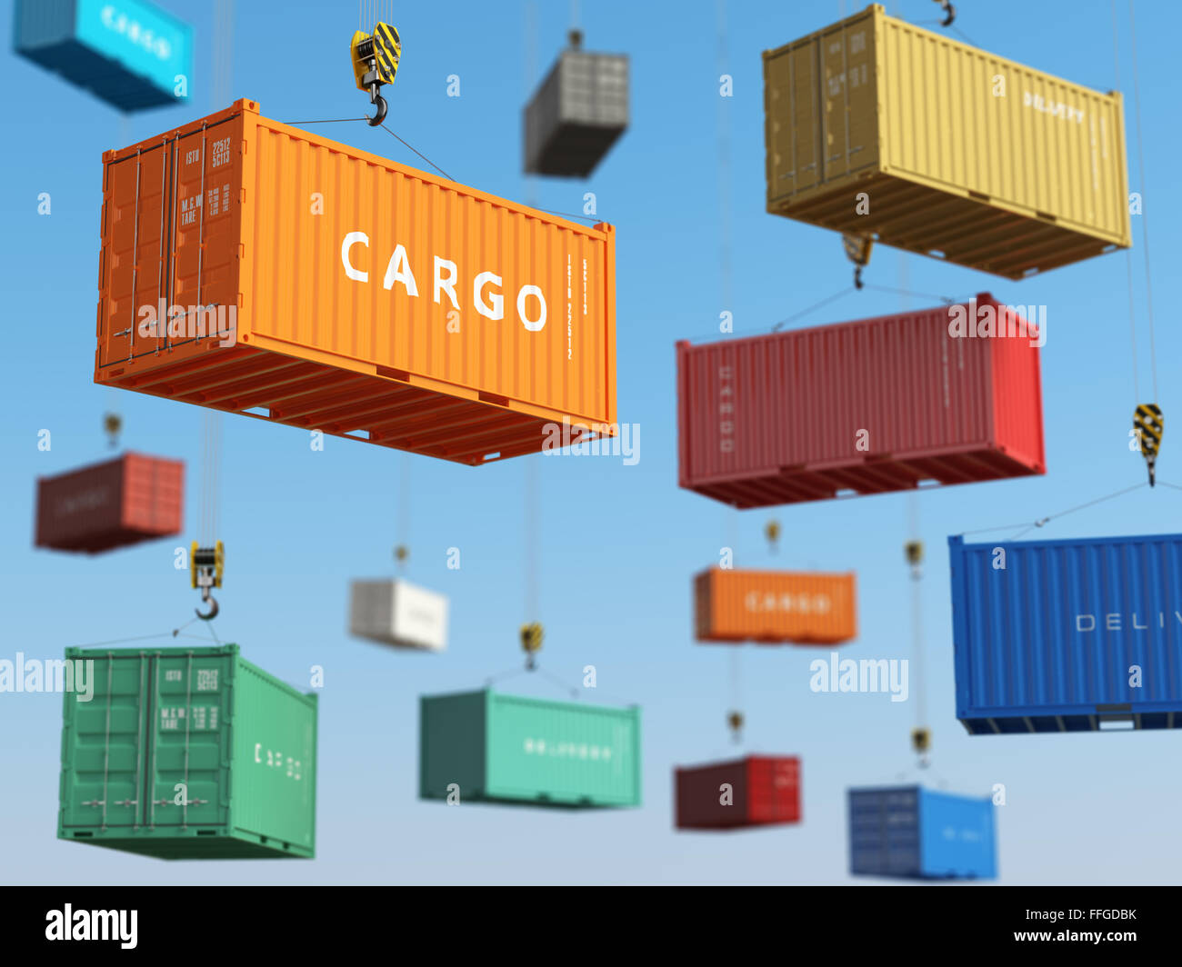 Cargo shipping containers in storage area with forklifts. Delivery ...