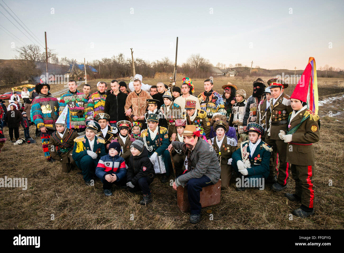 Portrait of dressed villagers during Malanka celebration in Velykyj ...