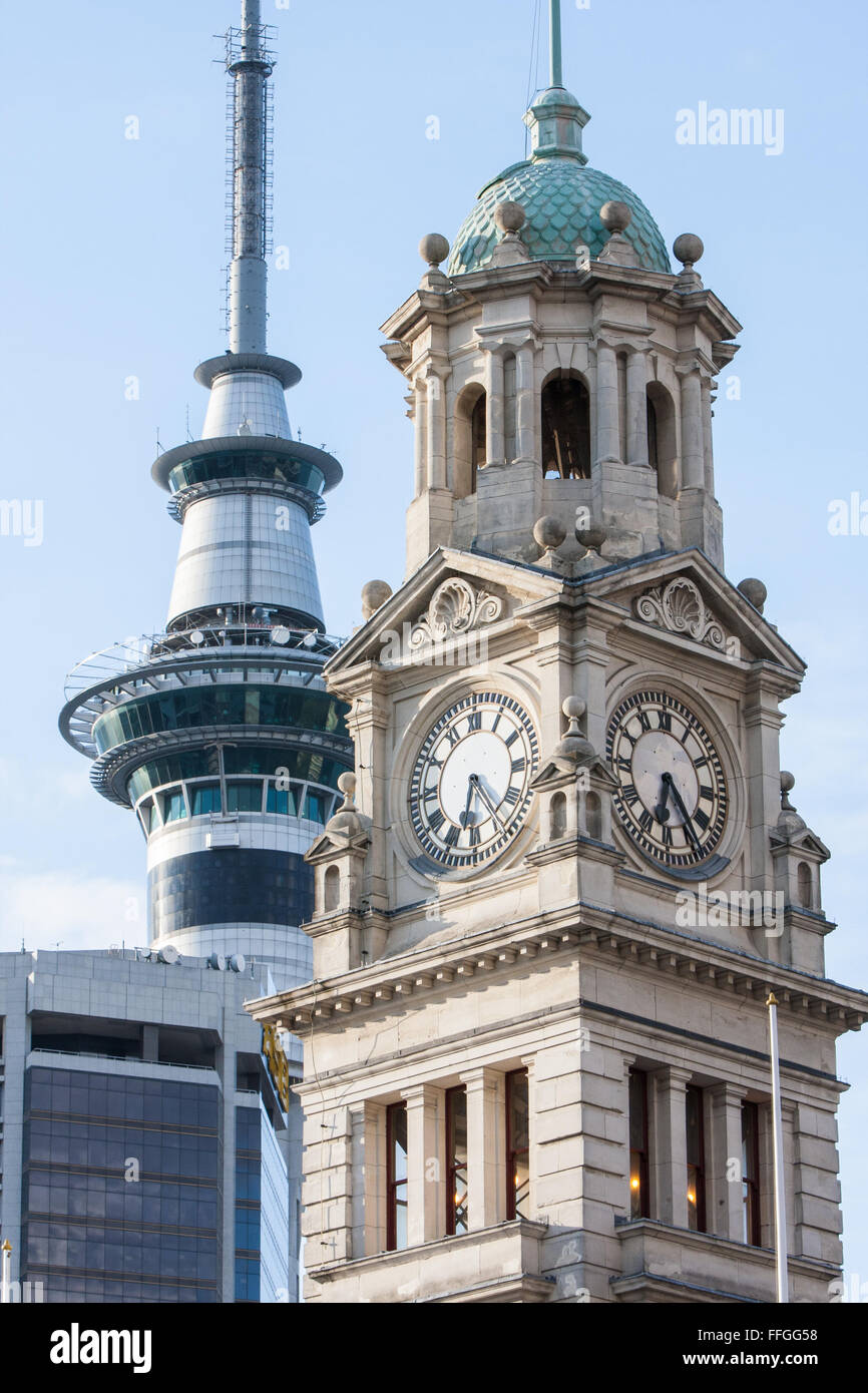 The Town Hall Clock Tower on Queen Street and modern Sky Tower ...
