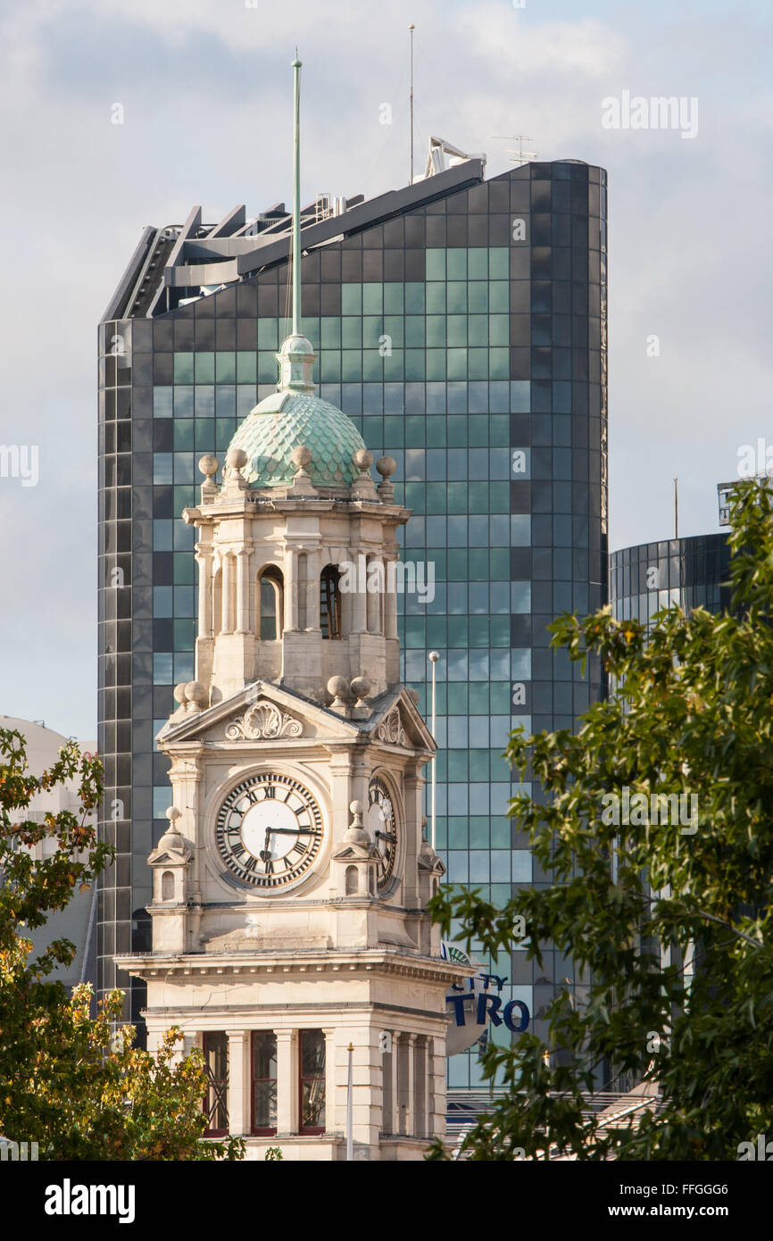 The Town Hall Clock Tower on Queen Street and modern office building ...