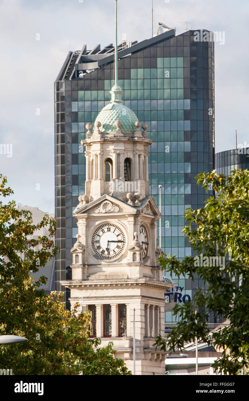 The Town Hall Clock Tower on Queen Street and modern office building ...