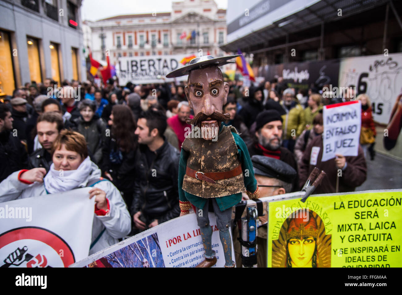 Madrid, Spain. 13th Feb, 2016. A puppet of Cervantes' figure Don ...