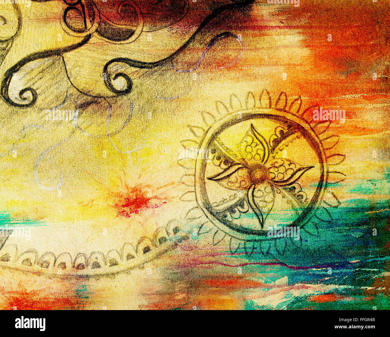 Beautiful Ornament, pencil drawing on old paper. And color spots on ...