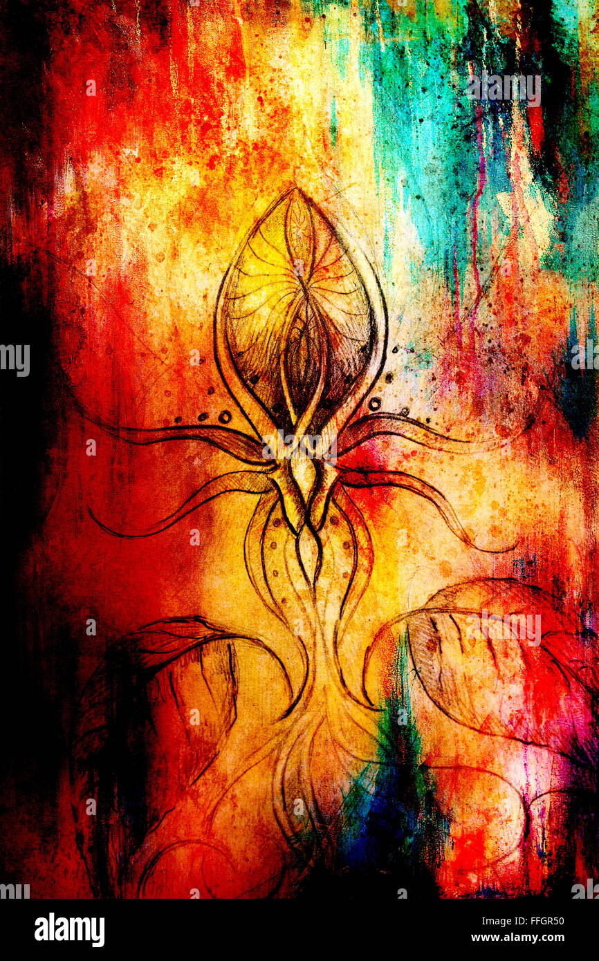 pencil drawing on old paper. Ornamental flower. And color spots on ...