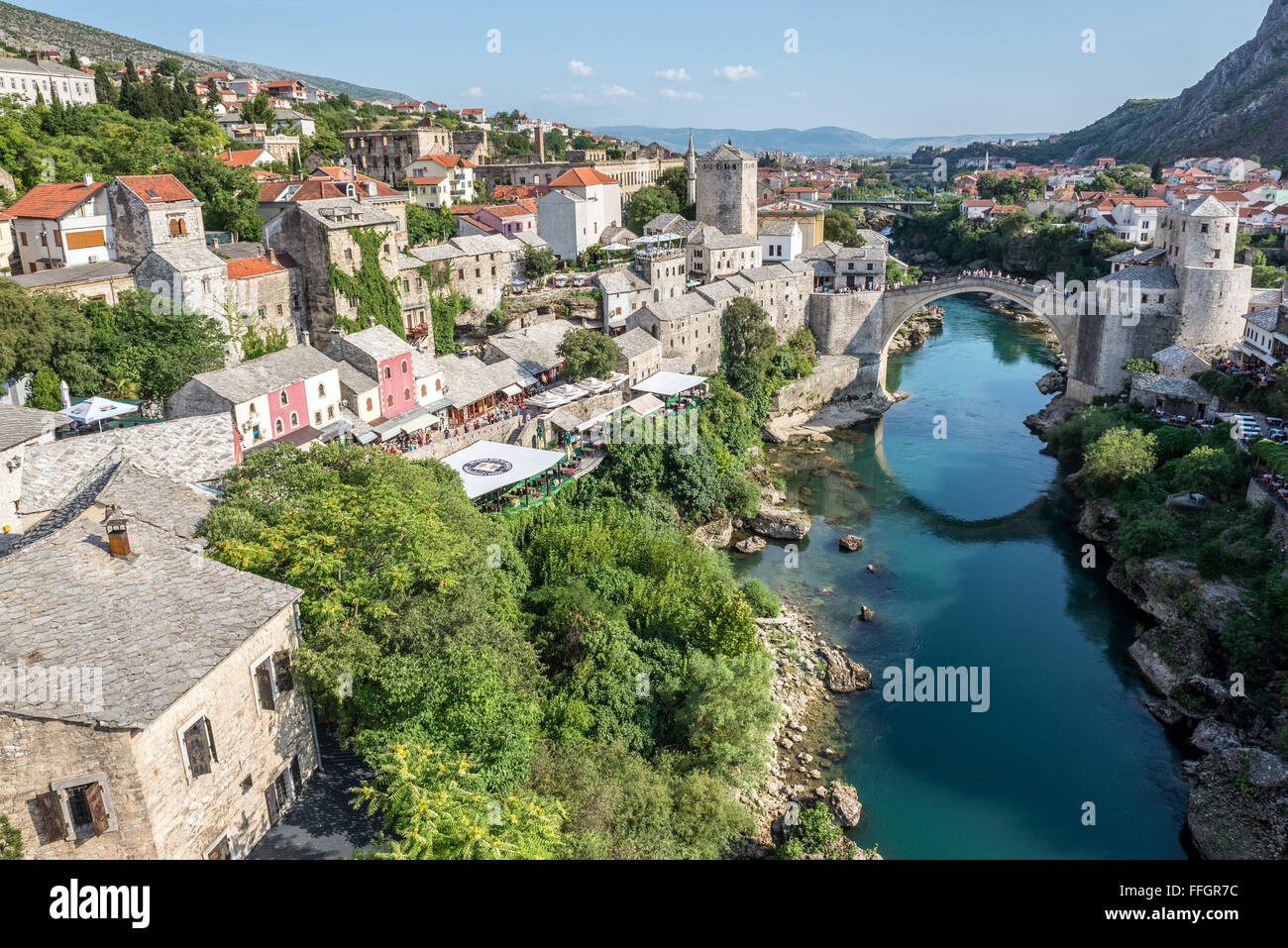Aerial view on Mostar Old Town and most famous city landmark Stari Most ...