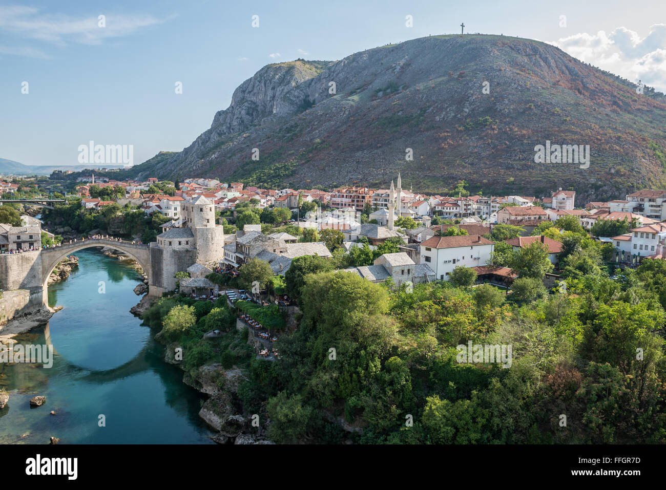 Aerial view on Mostar Old Town and Stari Most (Old Bridge) over Neretva ...