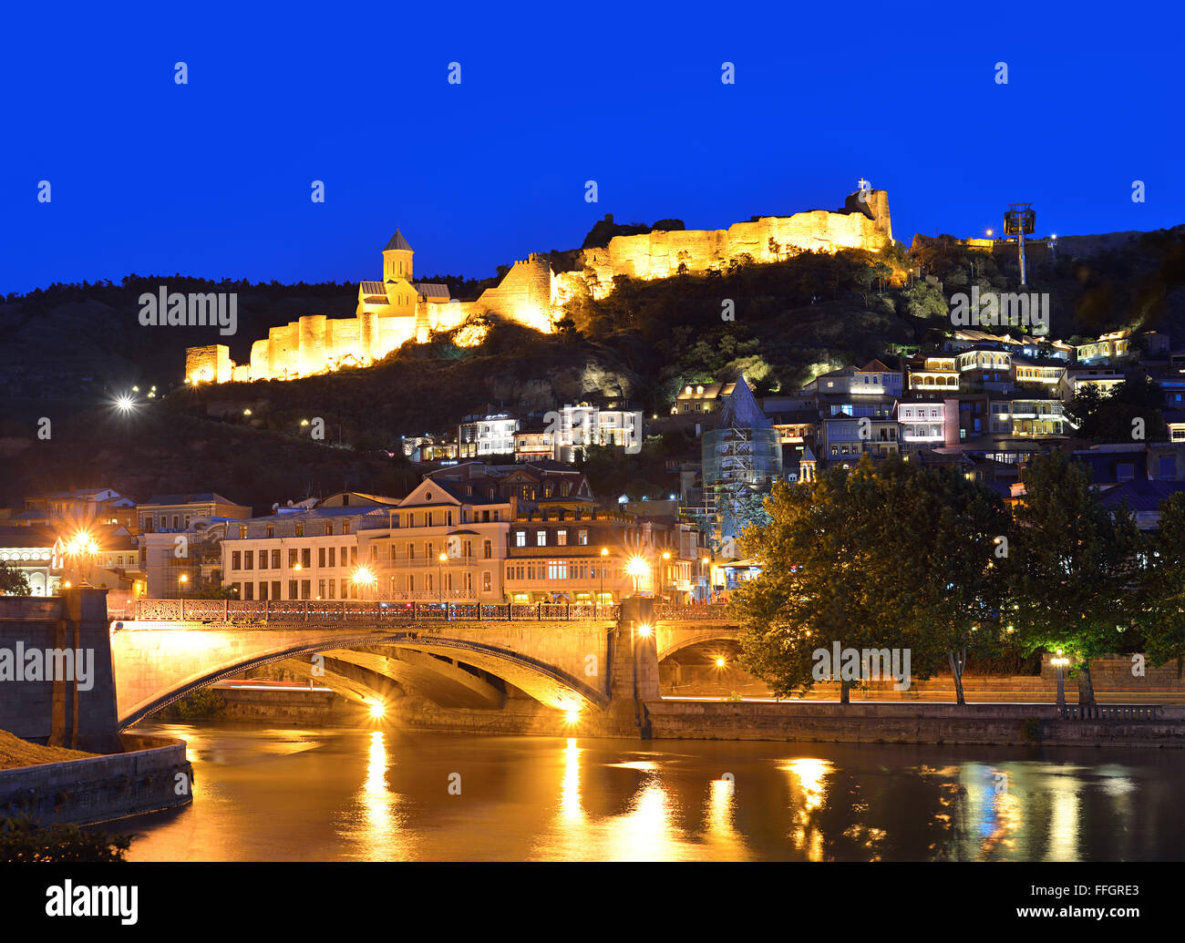 Capital of Georgia - Tbilisi old downtown at night against the dark ...