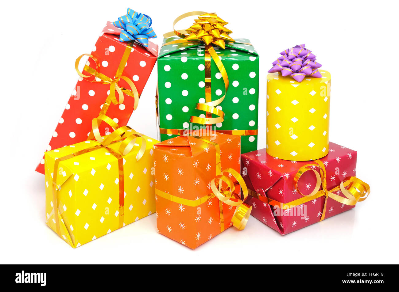 Multi-coloured boxes with gifts isolated on white backgrouhd Stock ...
