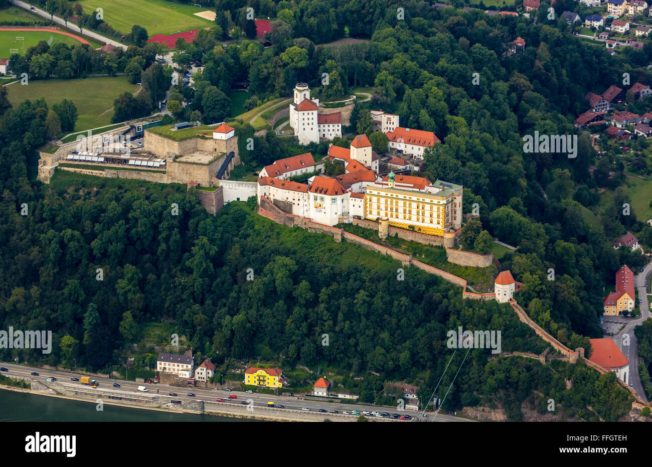Aerial view, Veste Oberhaus, old town of Passau with the St. Stephen's ...
