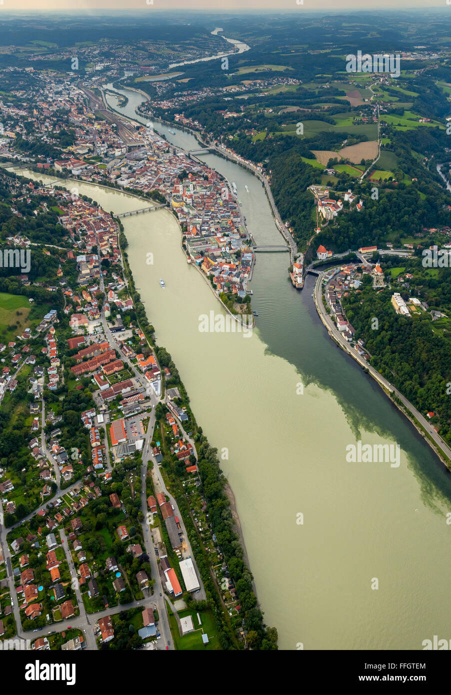 Aerial view, old town of Passau with the St. Stephen's Cathedral on ...