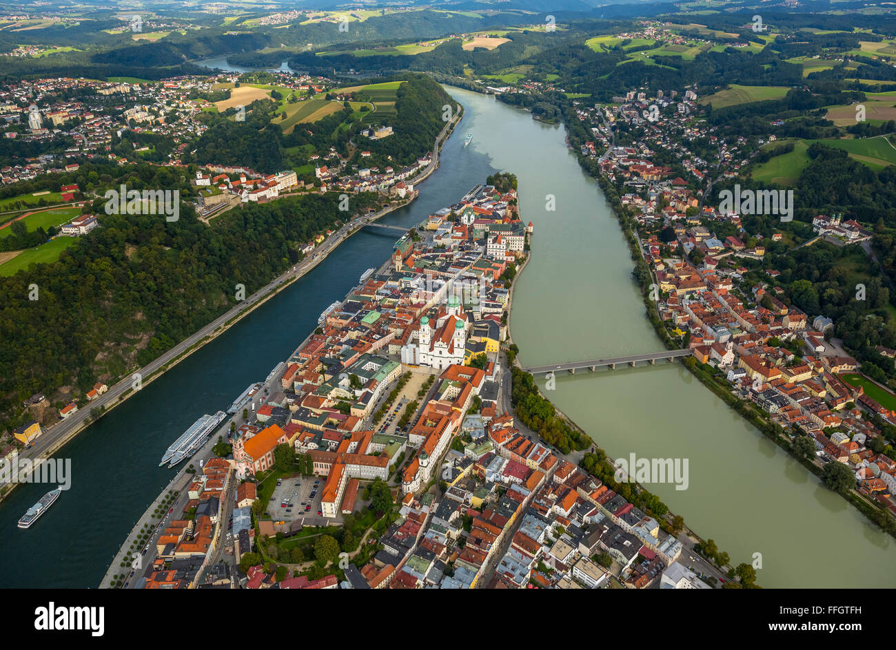 Aerial view, old town of Passau with the St. Stephen's Cathedral on ...