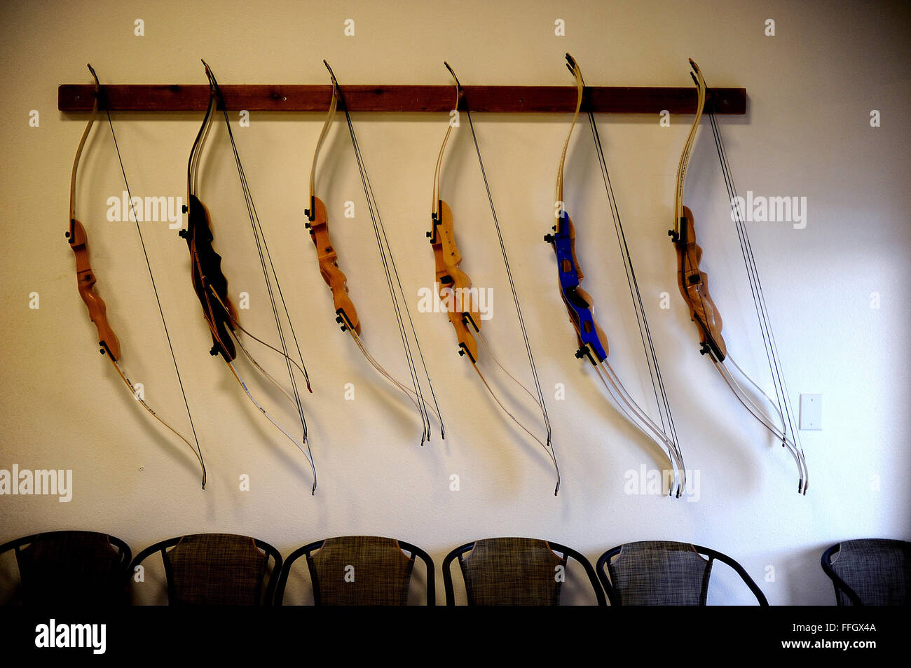 At the U.S. Air Force Academy, bows are displayed on the wall during ...