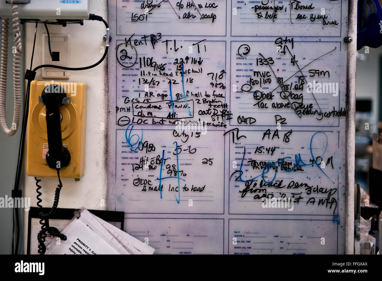 A dry-erase board keeps track of all inbound trauma patients phoned in ...