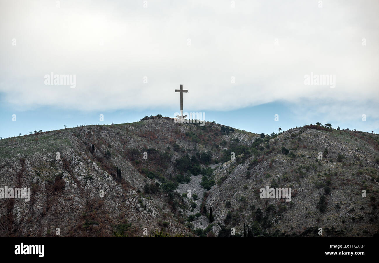 View on Hum Hill with over 30 meter Cross monument in Mostar city ...