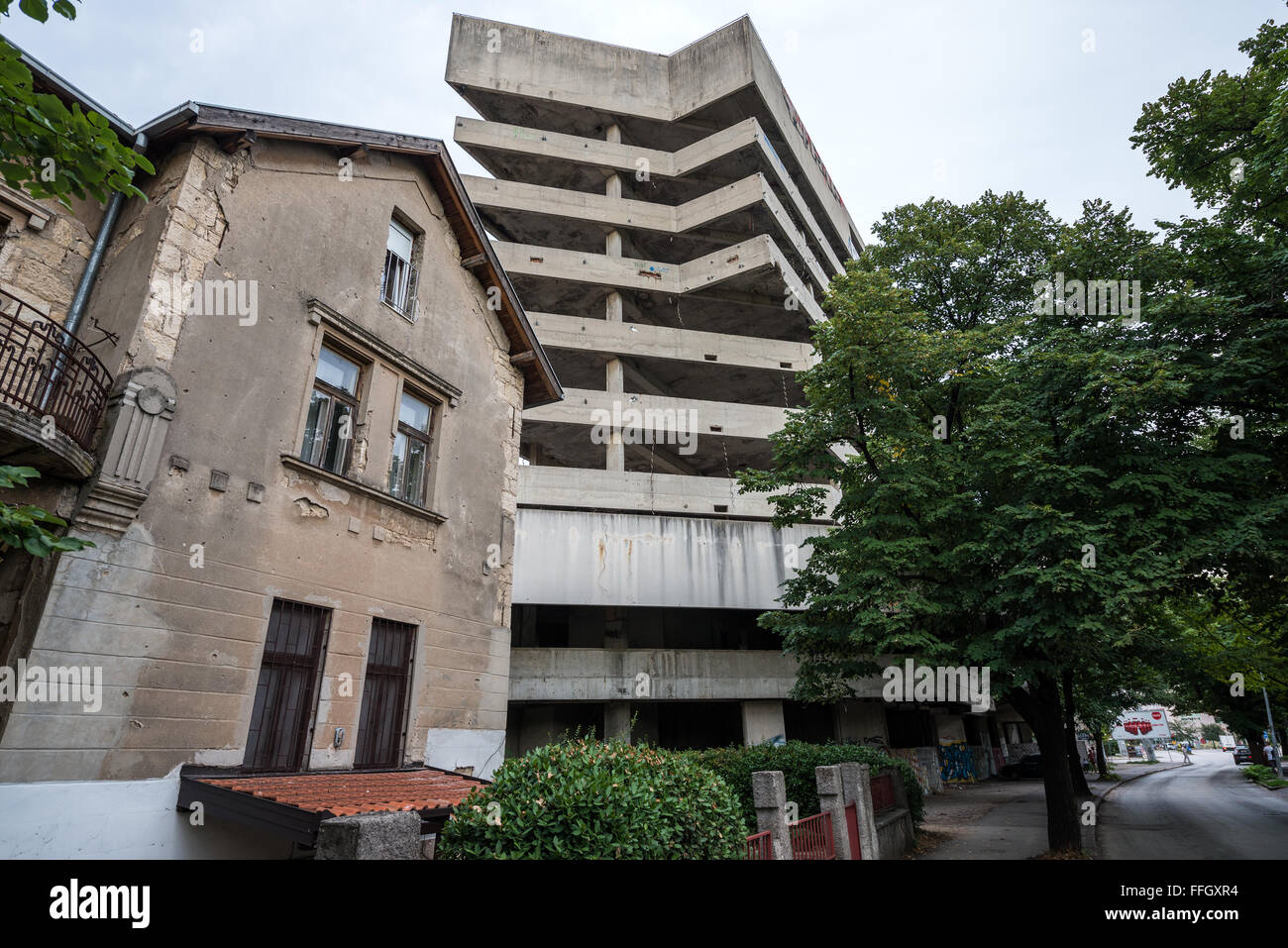 Abandoned former Ljubljanska Bank building (sniper tower during Bosnian ...