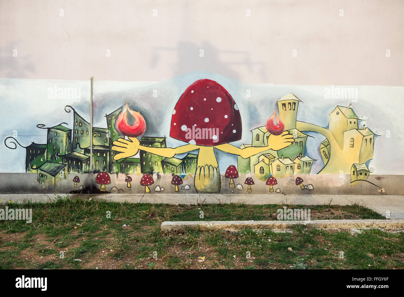 Graffiti on the building wall at Bulevar Street in Mostar city, Bosnia ...