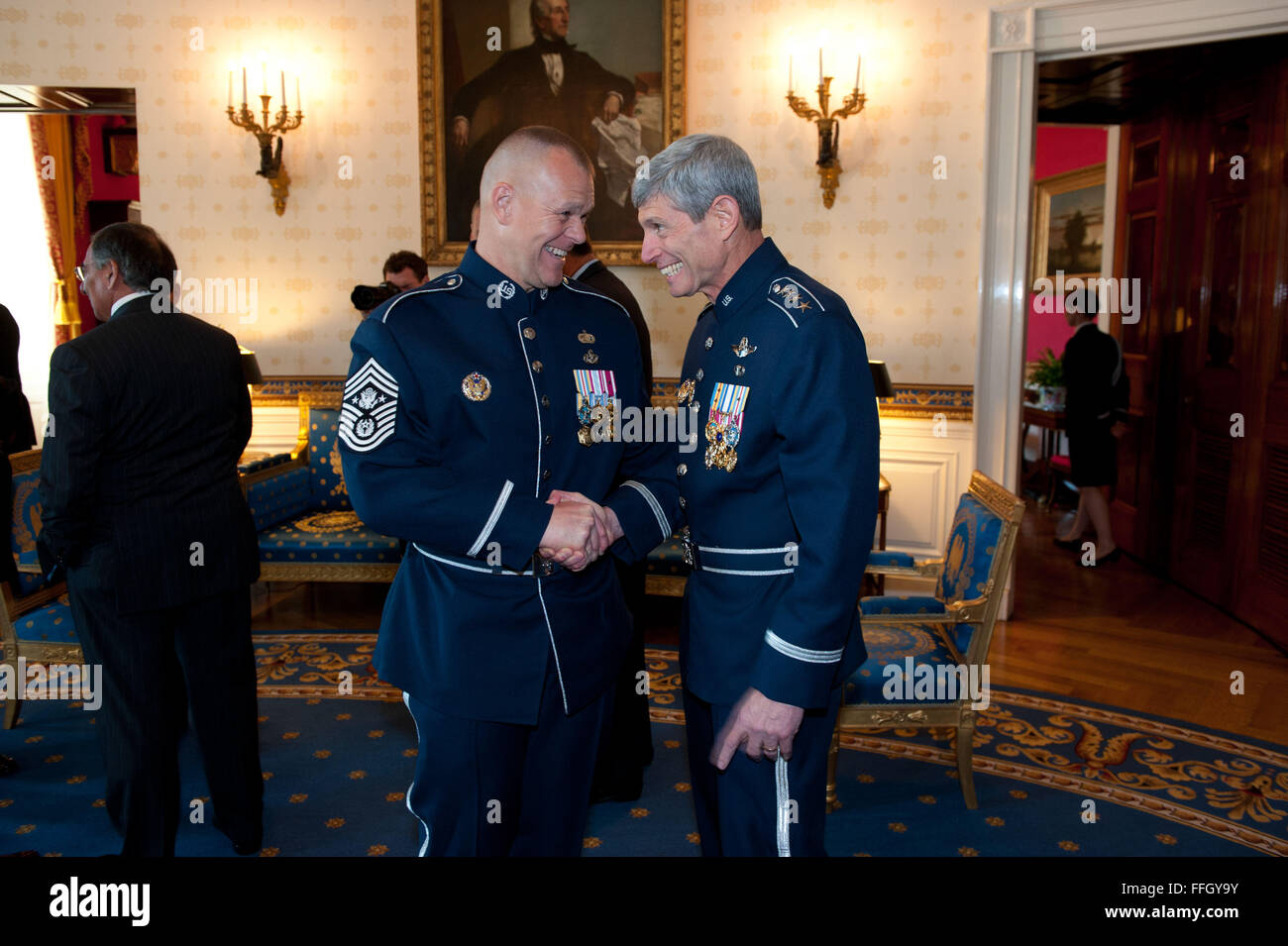Chief Master Sgt. of the Air Force James A. Roy shakes hands with Chief ...