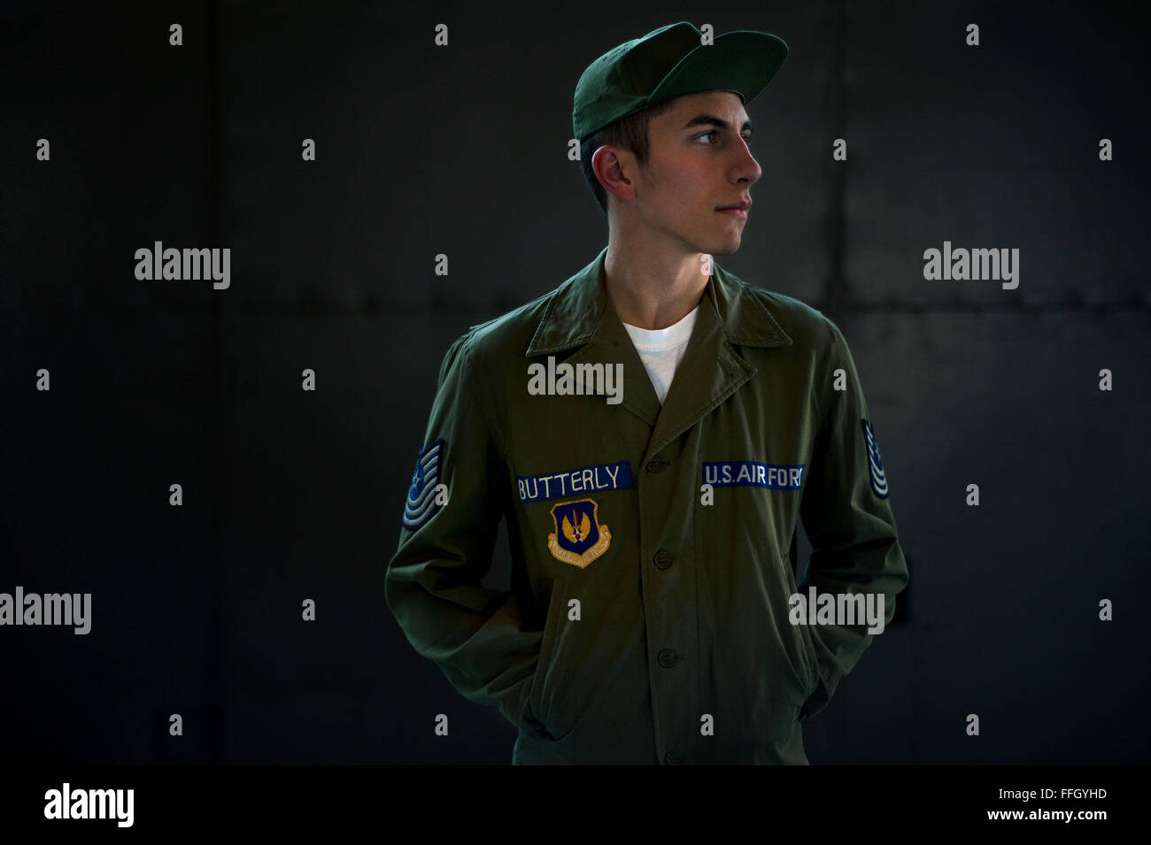 Andrew Waid models an Air Force fatigue uniform from the 1970s Stock ...