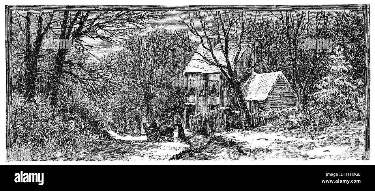 Victorian winter countryside scene with a snow covered house and a ...