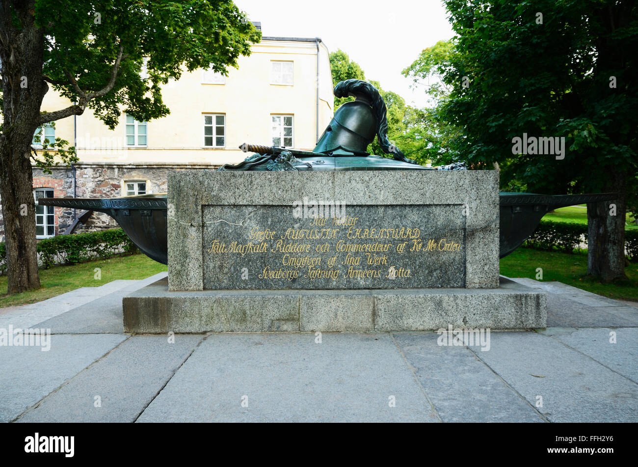 Monument Ehrensvard in the form of knight's helmet, sword and shield in ...