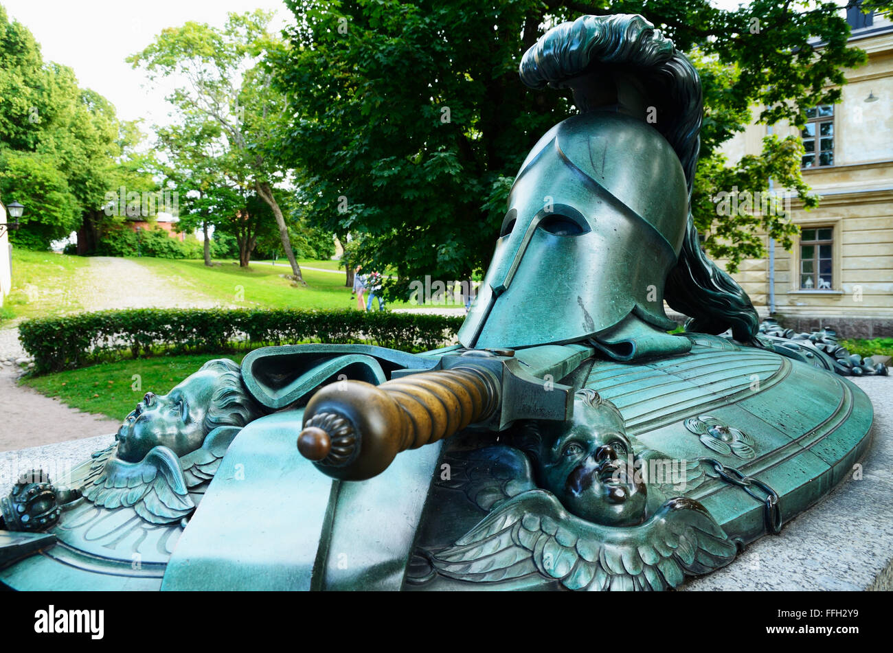 Monument Ehrensvard in the form of knight's helmet, sword and shield in ...