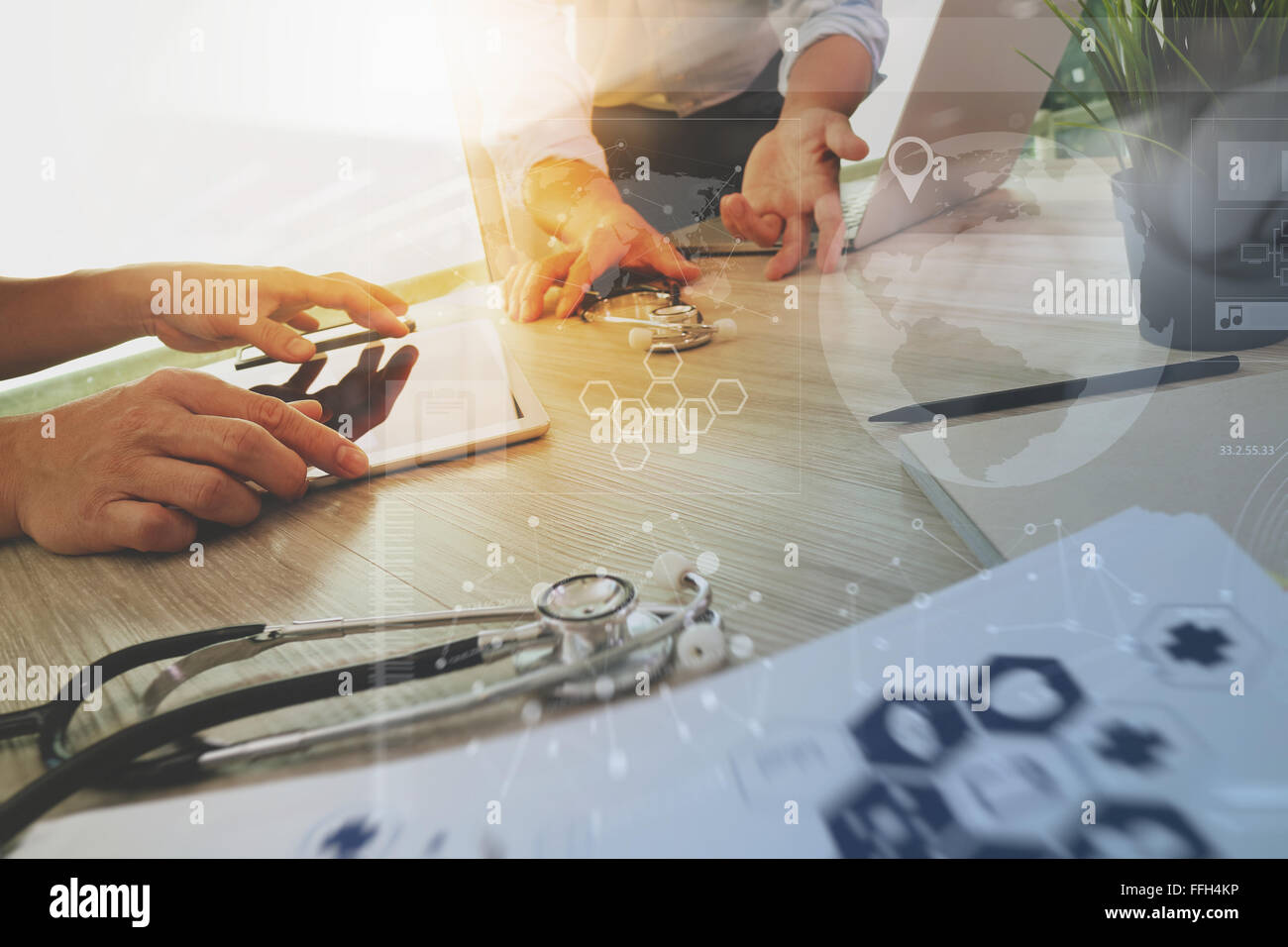 top view of Medicine doctor hand working with modern computer and ...