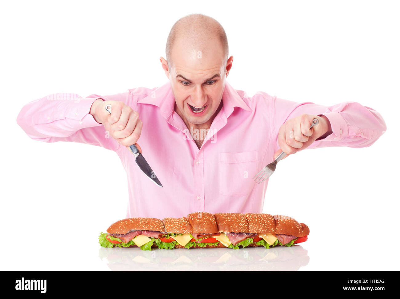Adult mad man with big sandwich isolated on white background focused on ...