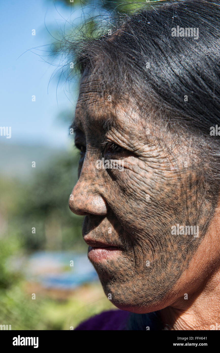 A Ngaya Chin (Daai) woman with face tattoo, Kanpetlet, Myanmar Stock ...