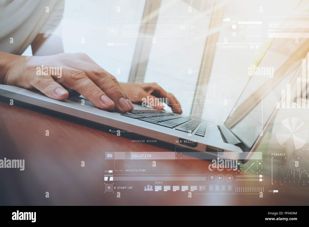 business man hand working on laptop computer with social media diagram ...