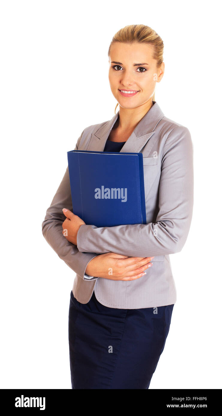Business woman taking document, notebook for notes, isolated on white ...