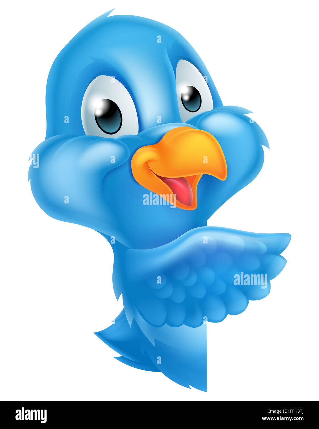 A cartoon bluebird bird character leaning around a sign and pointing ...