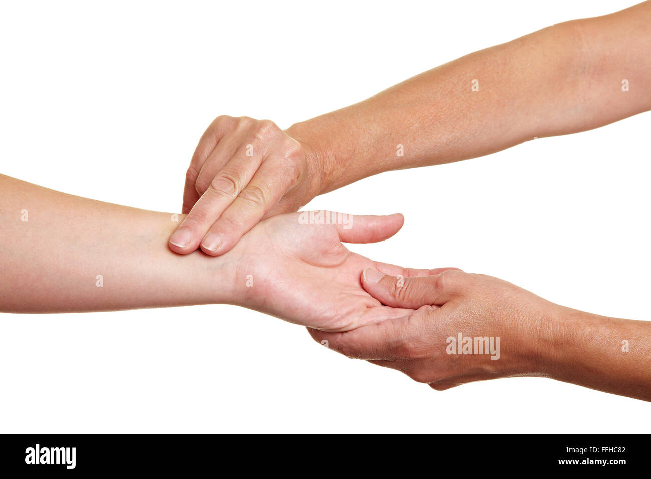 Hands measuring blood preasure with fingers at wrist Stock Photo - Alamy
