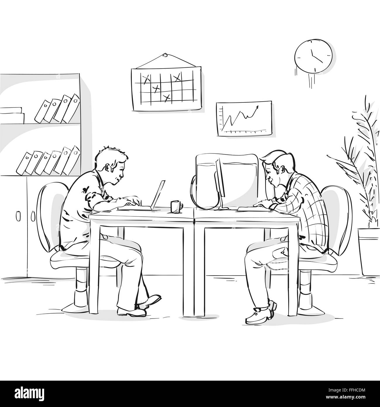 Two Business Men Working Office Interior Sketch Stock Vector Image ...