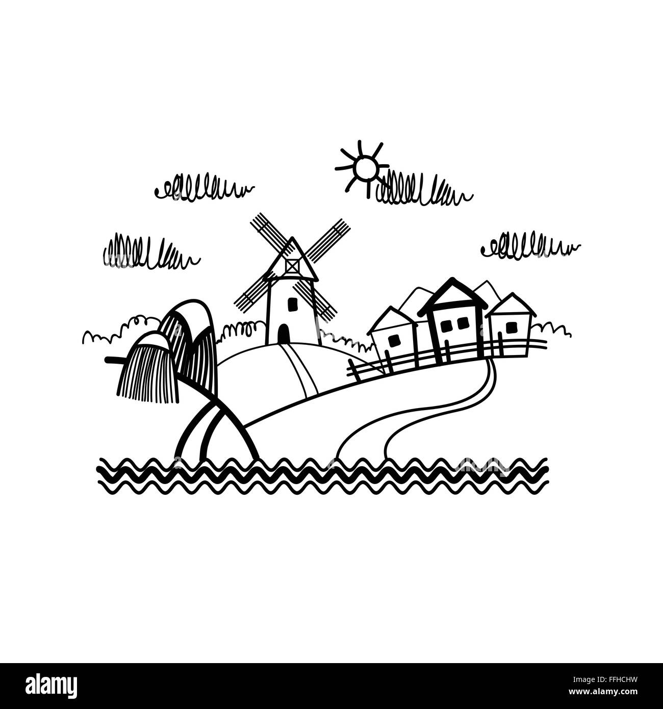 Small Village View Sketch Simple Line Stock Vector Image & Art - Alamy