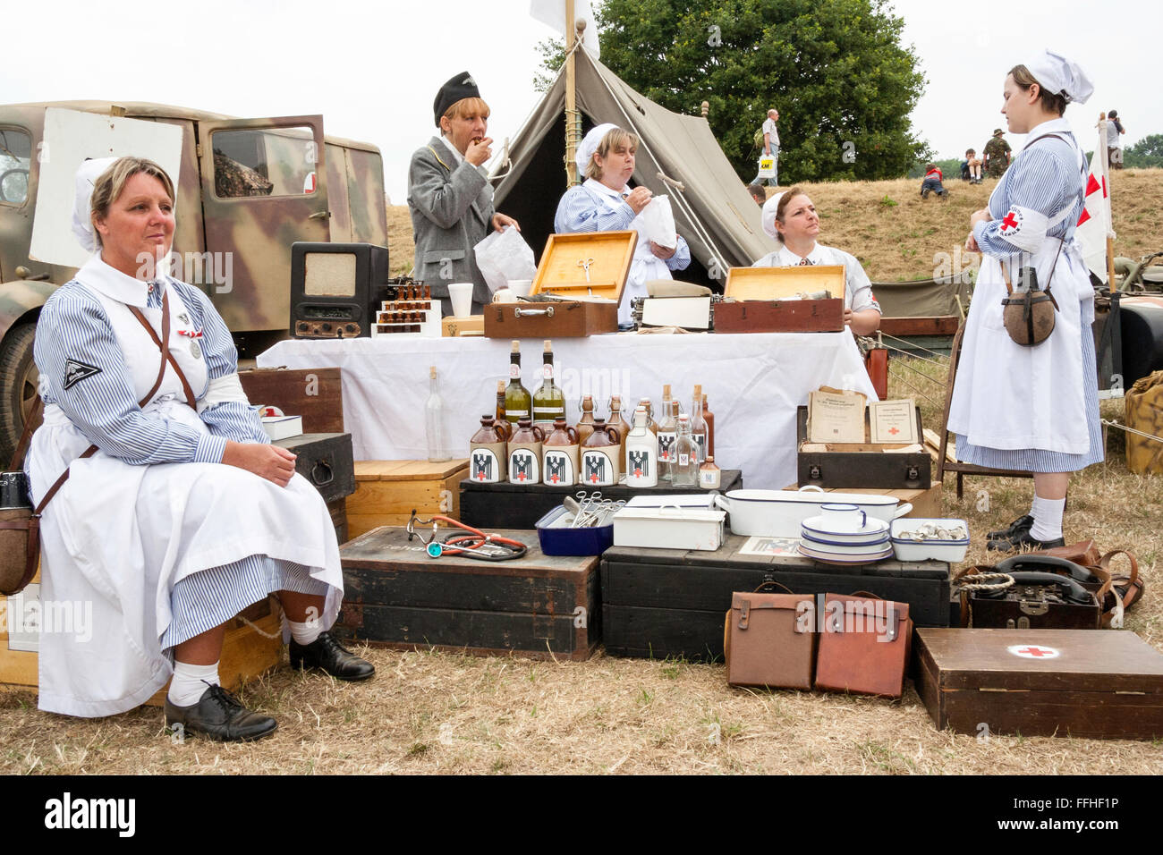 Second world war re-enactment. Outdoor German field hospital, five ...