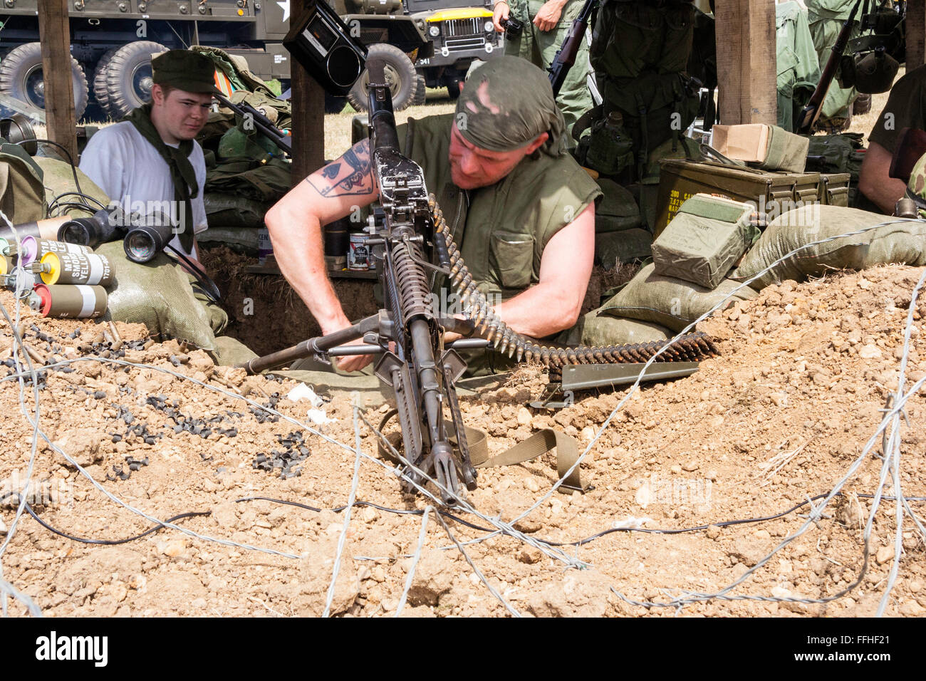 Vietnam war re-enactment. Exterior of US timber roofed Command bunker ...