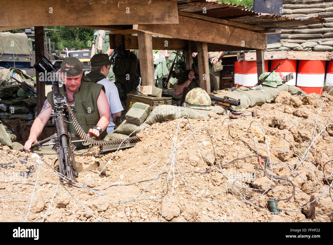 Vietnam war re-enactment. Exterior of US timber roofed Command bunker ...