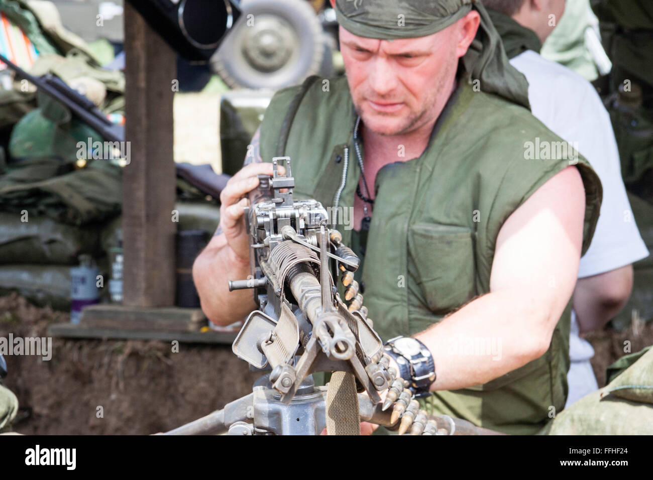 Vietnam war re-enactment. Exterior of US timber roofed Command bunker ...